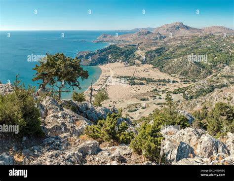 View From The Holy Triad Monastery Towards The Tsambika Beach Local Caption Tsambika