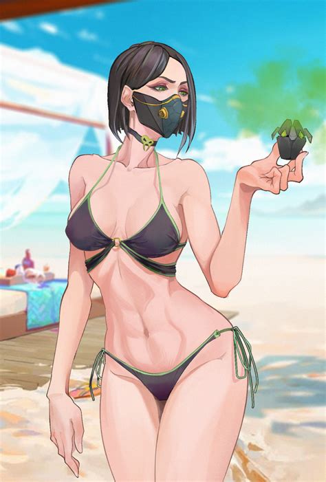 Rule 34 Beach Bikini Black Hair Bob Cut Breasts Eyeshadow Female