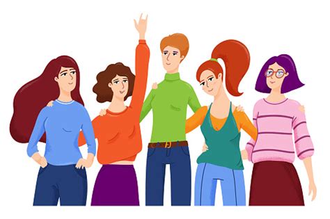 젊은 여성의 그룹 친구는 서로 껴안고 미소 반 길이 서 초상화 흰색 배경에 고립 된 벡터 그림 여성 친구 껴안고 웃고 있는 여성 그룹 가공의 인물에 대한 스톡 벡터 아트 및