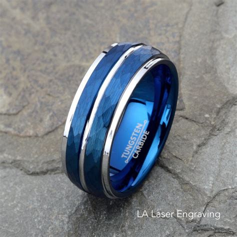 Blue Tungsten Ring Hammered Mens Wedding Band Etsy