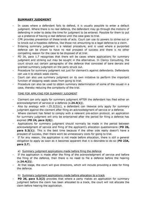 Summary Judgment Civil Litigation SUMMARY JUDGMENT In Cases Where A Defendant Fails To