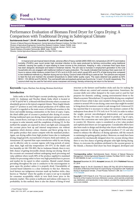 Pdf Performance Evaluation Of Biomass Fired Dryer For Copra Drying A