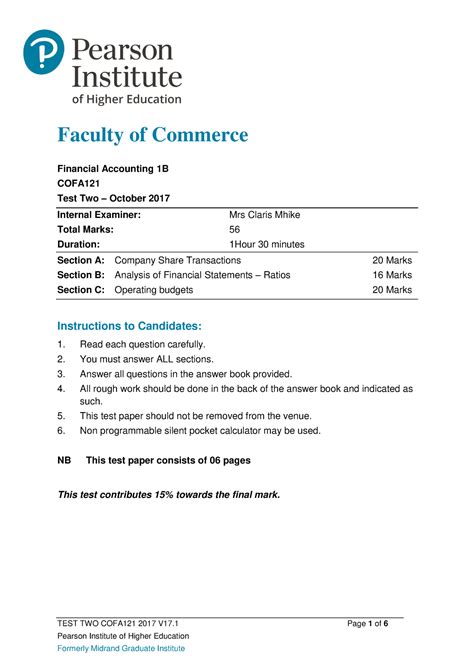 Accounting Take Home Assessment One Test Two Cofa121 2017 V17 Page 1 Of 6 Pearson Institute Of