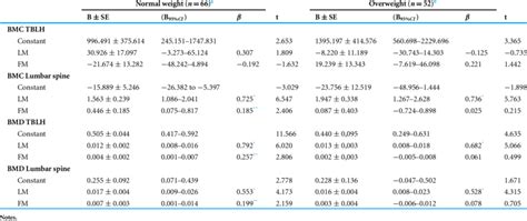 multiple linear regression models for associations between bone mineral