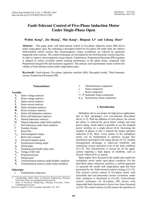 Pdf Fault Tolerant Control Of Five Phase Induction Motor Under Single Phase Open
