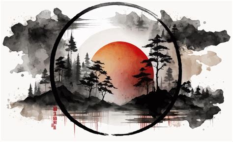 전통적인 동양의 미니멀한 일본식 벡터 그림에서 푸른 안개 낀 숲 나무 위에 붉은 태양 프리미엄 벡터