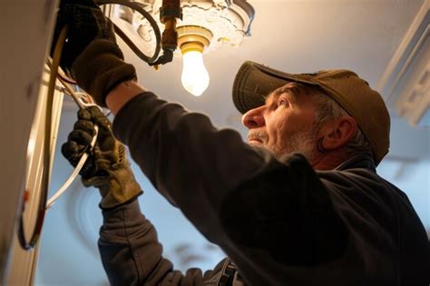 A Man Diligently Working On Replacing A Light Fixture In A Room A Technician Replacing A Light