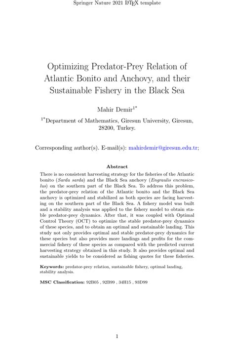 Pdf Optimizing Predator Prey Relation Of Atlantic Bonito And Anchovy And Their Sustainable
