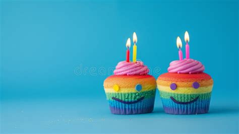 Quequitos Arco Iris Con Caras Sonrientes Y Velas Foto De Archivo Imagen De Alimento Dulces