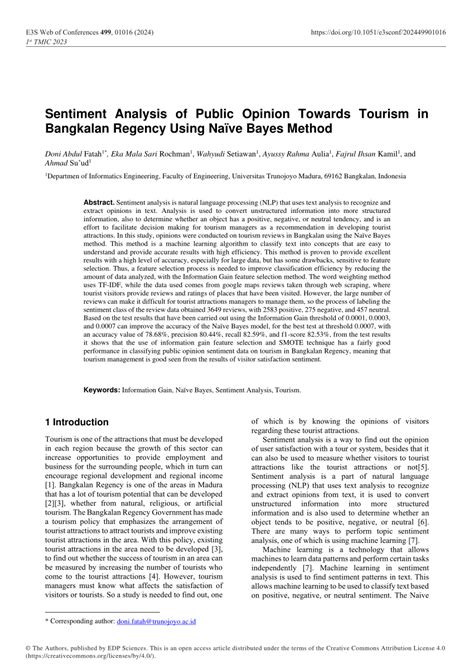 Pdf Sentiment Analysis Of Public Opinion Towards Tourism In Bangkalan