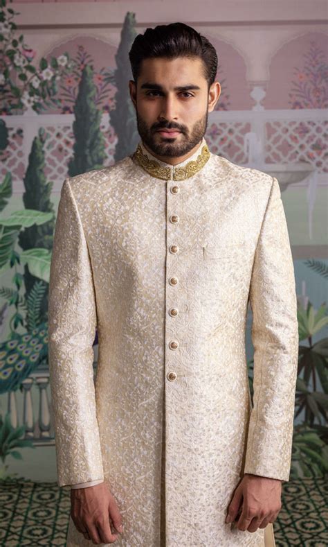 Pakistani Wedding Raw Silk Ivory Sherwani For Groom