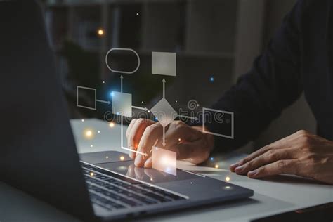 Businessman Using Laptop With Process Flowchart Stock Image Image Of