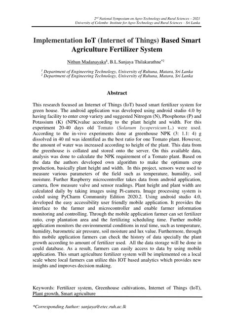 Pdf Implementation Iot Internet Of Things Based Smart Agriculture Fertilizer System