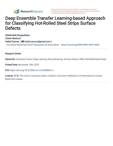 Pdf Deep Ensemble Transfer Learning Based Approach For Classifying Hot Rolled Steel Strips
