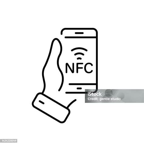 핸드 홀드 스마트 폰 비접촉식 지불 라인 아이콘 휴대 전화 돈 지불 선형 픽토그램의 Nfc 기술 핸드폰 디지털 페이 웨이브 개요