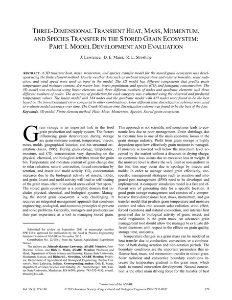 Pdf Three Dimensional Transient Heat Mass Momentum And Species Transfer In The Stored Grain