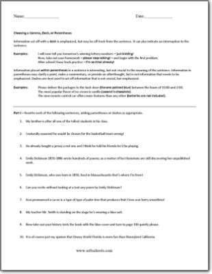 Choosing A Comma Dash Or Parentheses Worksheet
