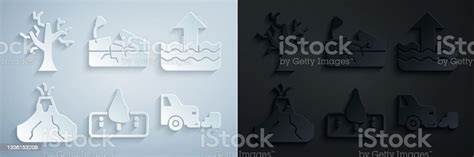 삼림 벌채를 설정 수위 상승 용암과 화산 분화 자동차 배기 지진과 시들고 나무 아이콘 벡터 3차원 형태에 대한 스톡 벡터 아트