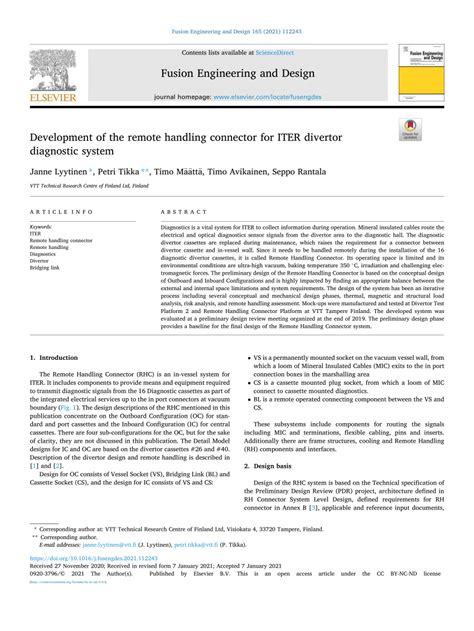 Pdf Development Of The Remote Handling Connector For Iter Divertor Diagnostic System
