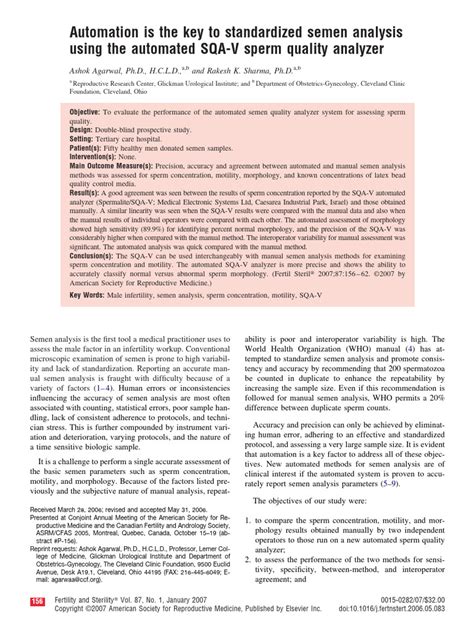 Automation Is The Key To Standardized Semen Analysis Using The Automated Sqa V Sperm Quality