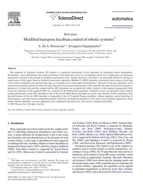 Pdf Brief Paper Modified Transpose Jacobian Control Of Robotic Systems