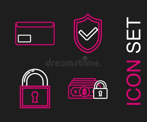 Set Line Money With Lock Lock Shield Check Mark And Envelope Icon