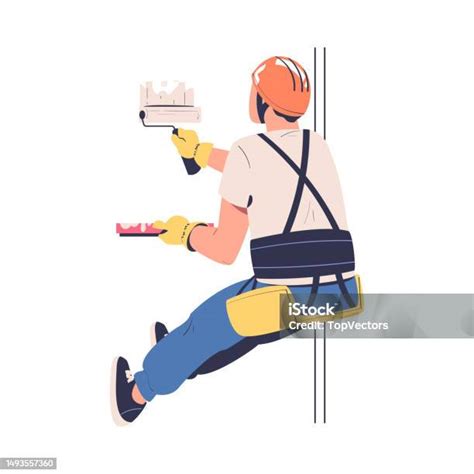 밧줄에 매달린 페인트 롤러와 하네스에 매달려 있는 높은 곳에서 일하는 남자는 산업 등반 벡터 일러스트레이션에 종사하고 있다 건물 정면에 대한 스톡 벡터 아트 및 기타 이미지