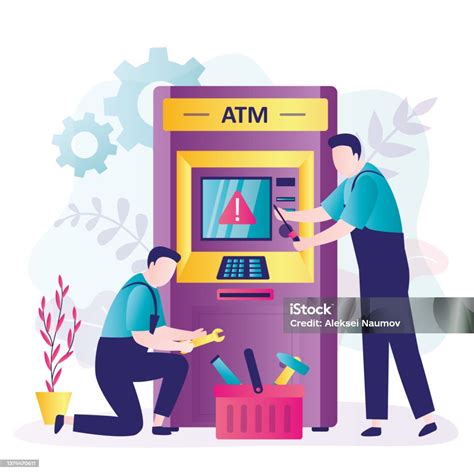 결함이 있는 Bankomat을 수리하는 도구를 가진 작업자 부서진 터미널을 수리하는 수리원 Atm 서비스 금융 거래 경고 기호를 표시하는 현금 인출기 서비스 맨은 도구를
