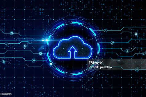 데이터 교환 및 클라우드 컴퓨팅 개념에는 회로 구성표가 있는 진한 파란색 기술 배경에 빛나는 원에 클라우드 기호의 디지털 화살표가 있습니다 3d 렌더링 0명에 대한 스톡