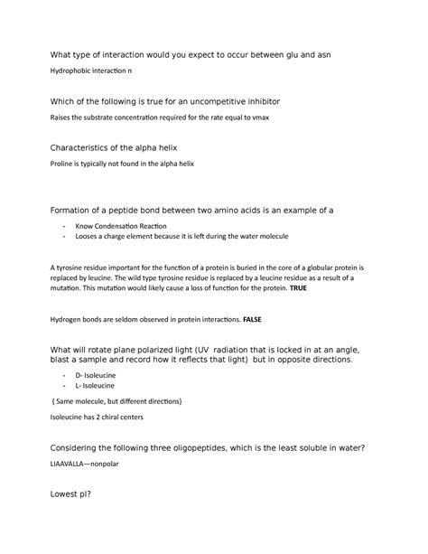 Biochem Review Session What Type Of Interaction Would You Expect To Occur Between Glu And Asn
