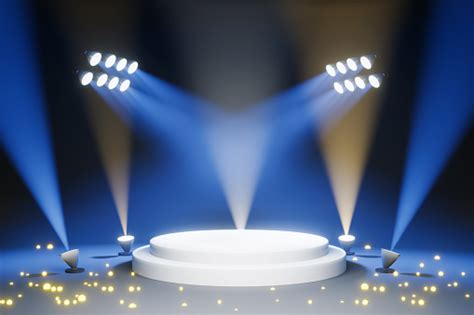 파란색 우승자 무대 조명이 켜진 스포츠 광원이 있는 빈 연단 투광 램프 제품 플랫폼 개념입니다 광고 디스플레이 영사기 3d 렌더링 0명에 대한 스톡 사진 및 기타 이미지