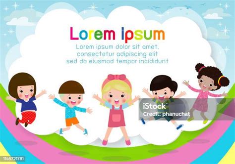 아이 들 무지개에 점프 어린이 기쁨과 함께 점프 행복 한 만화 아이 놀이터 배경에서 재생 광고 브로셔 텍스트 어린이와 프레임 벡터 일러스트 레이 션 광고에 대한 스톡 벡터