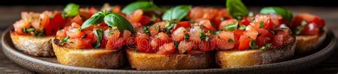 A Plate Of Fresh Bruschetta With Tomatoes Basil And Olive Oil Served On
