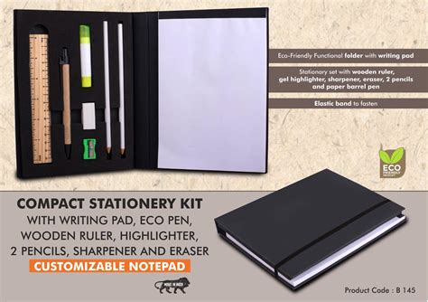 B145 Compact Stationery Kit With Writing Pad Eco Pen Wooden Ruler Highlighter 2 Pencils