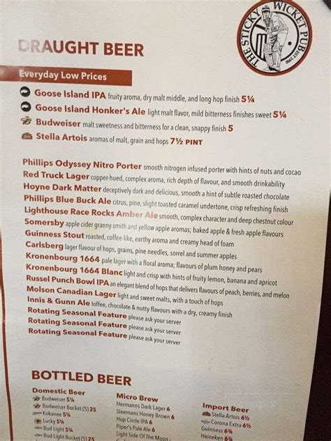 Menu Of The Sticky Wicket Pub In Victoria Bc V8w 2c1