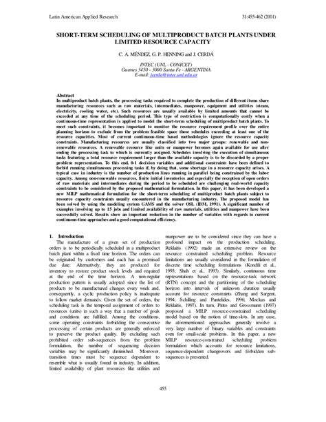 Pdf Short Term Scheduling Of Multiproduct Batch Plants Under Limited