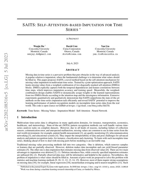 Pdf Saits Self Attention Based Imputation For Time Series