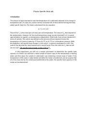 Physics Specific Heat Lab Docx Physics Specific Heat Lab Introduction The Amount Of Heat