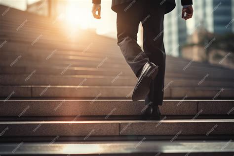 Premium Photo A Business Man Walking Up The Steps Bokeh Style Background