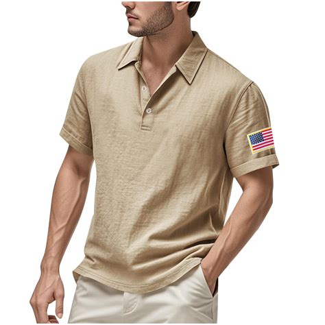 Khaki Man Short Sleeve Tops Independence Day Flag Embroidered Loose Fit