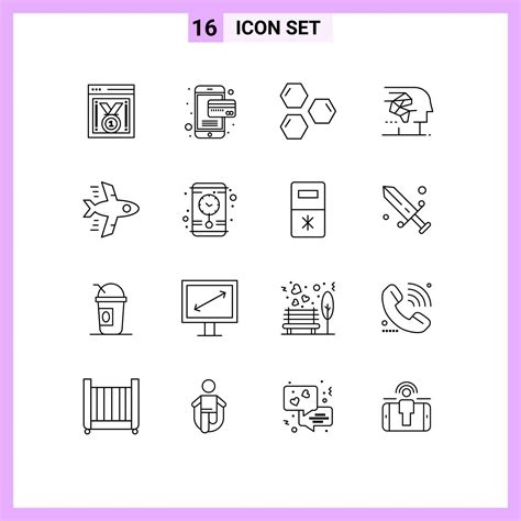 Group Of 16 Modern Outlines Set For Airplane Human Hexagon Brain Android Editable Vector Design