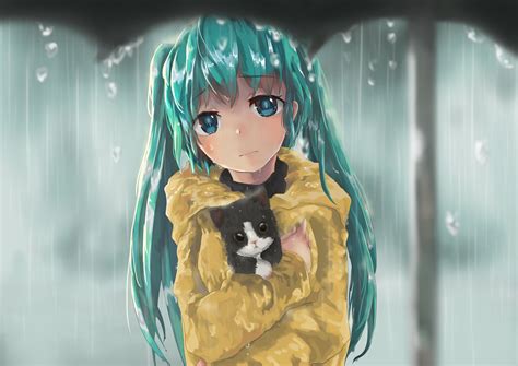 Hatsune Miku Vocaloid Highres Tagme Cat Rain Sad Umbrella