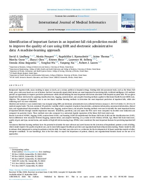 Pdf Identification Of Important Factors In An Inpatient Fall Risk Prediction Model To Improve