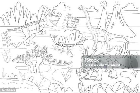 그들의 서식지에서 공룡 자연공룡 흑백 일러스트레이션 벡터 그림입니다 가공의 인물에 대한 스톡 벡터 아트 및 기타 이미지 가공의 인물 고고학 고대의 Istock