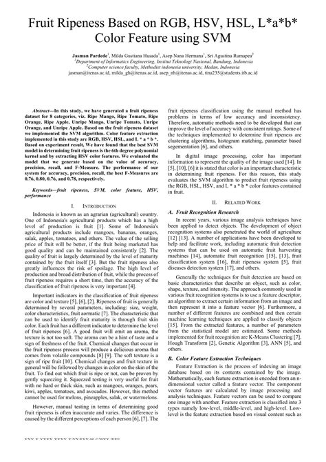 Pdf Fruit Ripeness Based On Rgb Hsv Hsl L A B Color Feature Using Svm