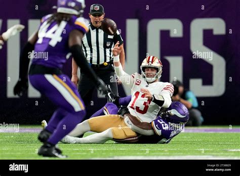 San Francisco 49ers Quarterback Brock Purdy 13 Is Sacked By Minnesota