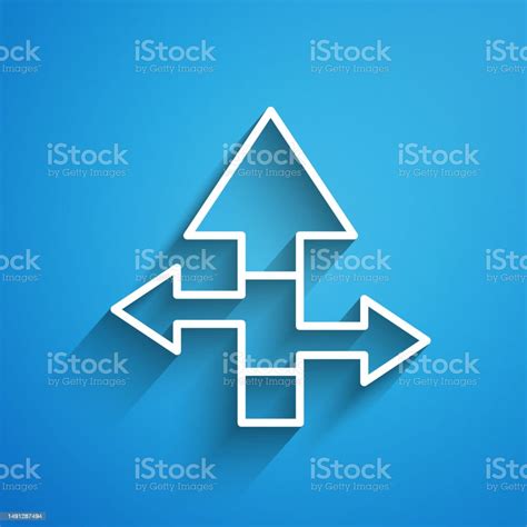 파란색 배경에 격리된 흰색 줄 화살표 아이콘입니다 방향 화살표 머리 기호입니다 탐색 포인터 기호입니다 긴 그림자 벡터 그림자에 대한 스톡 벡터 아트 및 기타 이미지 Istock