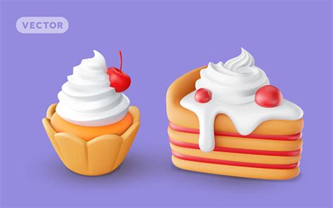 빨간 체리와 채찍질 크림과 함께 케이크의 조각과 현실적인 컵 케이크의 벡터 그림 휘핑 크림 베리 및 하트와 케이크의 3d 스타일 디자인 달콤한 음식 아이콘 귀여운에 대한