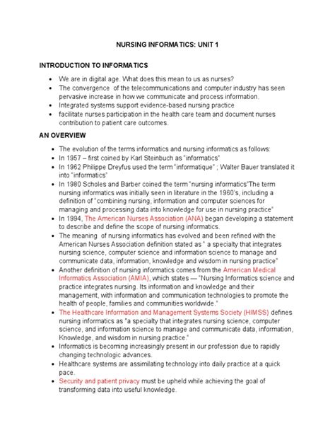 Nursing Informatics Unit 1 Introduction To Informatics The American
