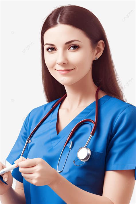 Female Woman Nurse Doctor With Blue Shirt Holding A Pen Female Woman